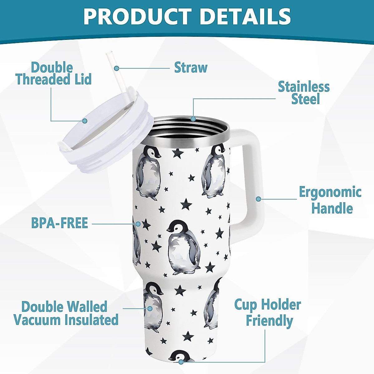 YKZEYK White Penguins Stars 40 OZ Tumbler with Handle And Straw Insulated Tumblers Coffee Mug Travel Cup Cups with Lids And Straws Tumbler
