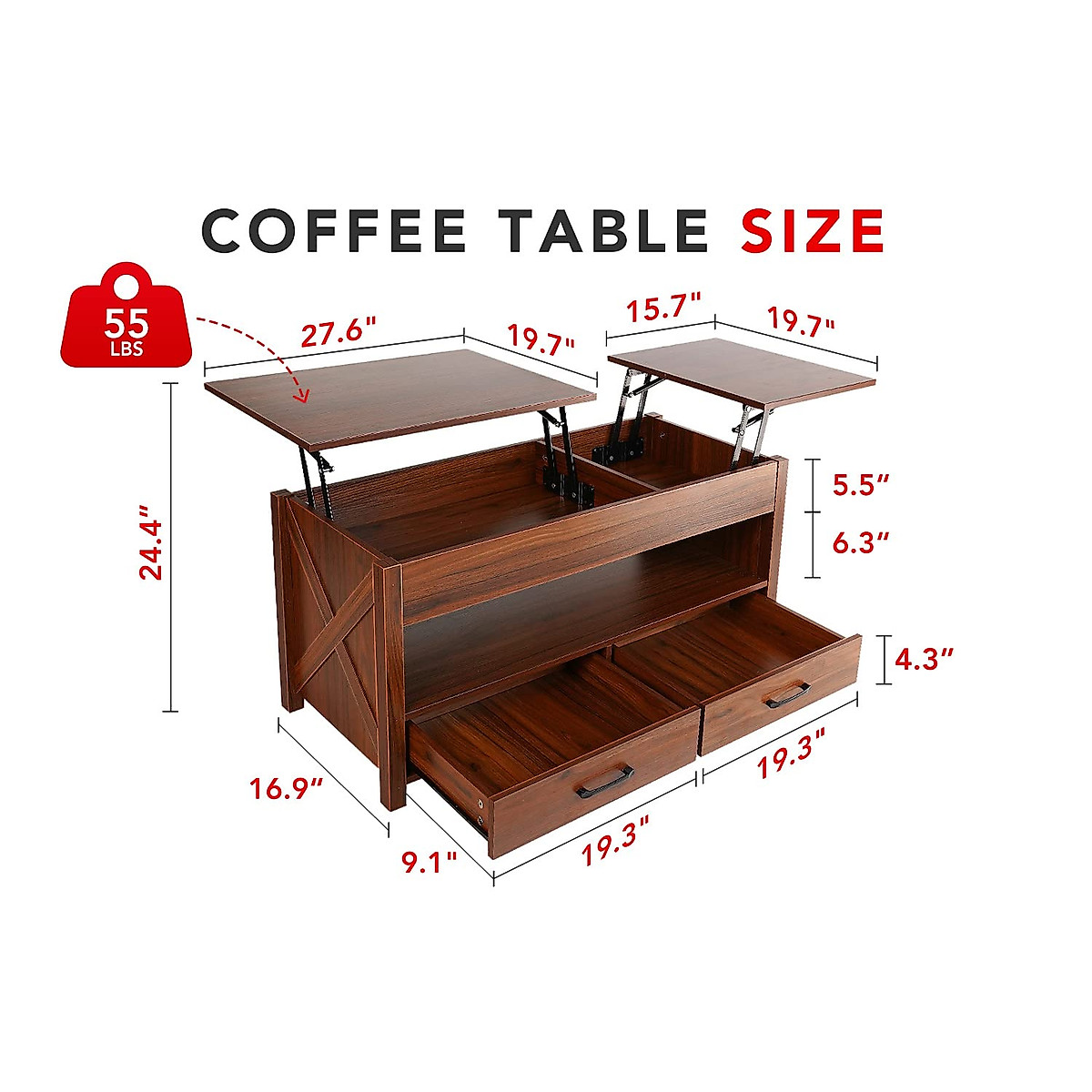 CLATINA Lift Top Coffee Table with Drawers and Hidden Compartment, 43.3'' Retro Center Coffee Table for Living Room, Farmhouse Coffee Table with Wooden Lift Tabletop, Espresso