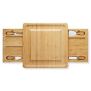 Casafield Bamboo Cheese Board and Knife Gift Set - Charcuterie Platter Wooden Serving Tray for Meat, Fruit, Crackers with 2 Slide-Out Snack Trays and 4 Stainless Steel Knives