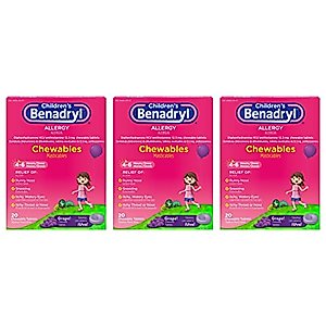 Benadryl Children's Allergy Chewables with Diphenhydramine HCl, Antihistamine Chewable Tablets in Grape Flavor, Three Pack, 3 x 20 ct Each, 60 ct
