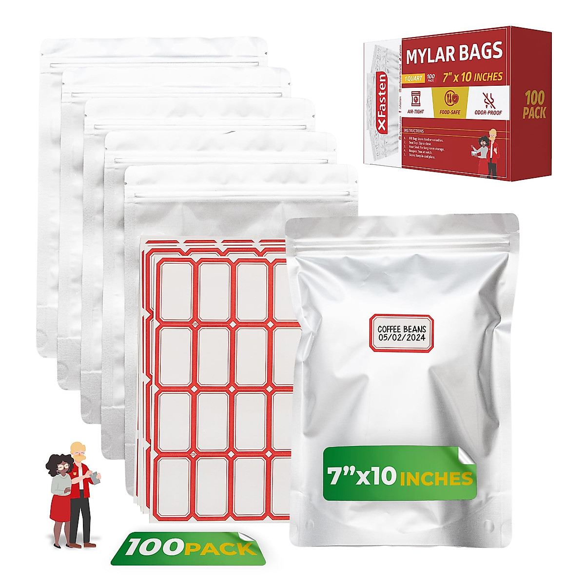 XFasten Resealable Mylar Bags for Food Storage with 112 Labels 1 Quart 7" x 10" (100-Pack) Resealable Bags for Small Business Resealable Mylar Bag for Food Preservation, Sealable Bags for Packaging