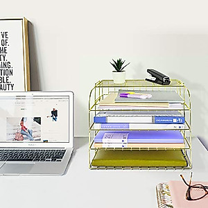 Spacrea Letter Tray, 4 Tier Desk Organizers and Accessories, Stackable Paper Tray Organizer Desk File Organizer with 1 Upper Display Shelf for School Home Office Supplies (Gold)