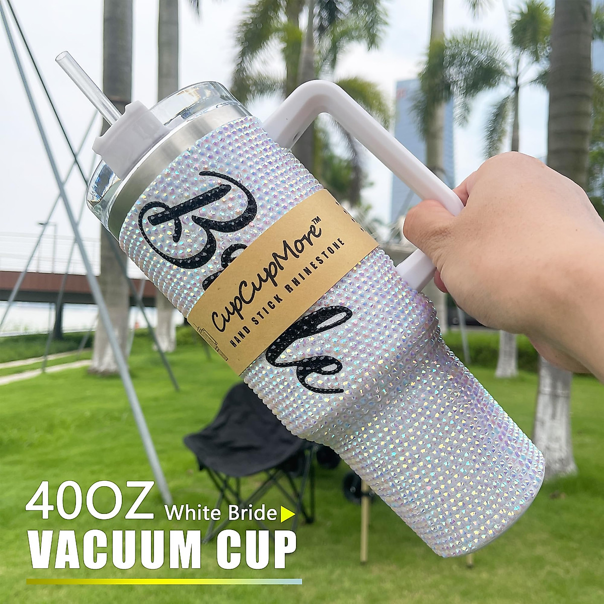 Cupcupmore 40oz Print Bling Rhinestone Stainless Steel Sippy Tumbler Glitter Vacuum Insulated Water Bottle with Straw & Lid &Handle,Thermos for Hot & Cold Drinks,Car Cup Holder (Bride White, 40 oz)