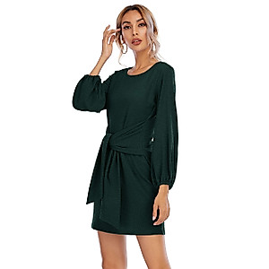 R.Vivimos Women's Autumn Winter Cotton Long Sleeves Elegant Knitted Bodycon Tie Waist Sweater Pencil Dress (Large, Dark Green)