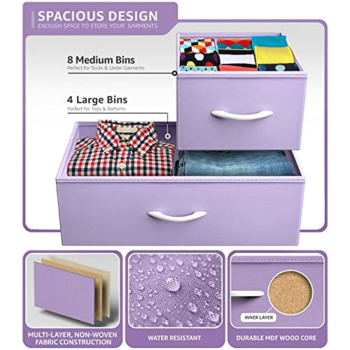 Sorbus Kids Dresser with 12 Drawers - Chest Organizer Unit with Steel Frame Wood Top & Handle, Fabric Bins for Clothes - Large Furniture for Bedroom Hallway Kids Room Nursery & Closet (Purple)