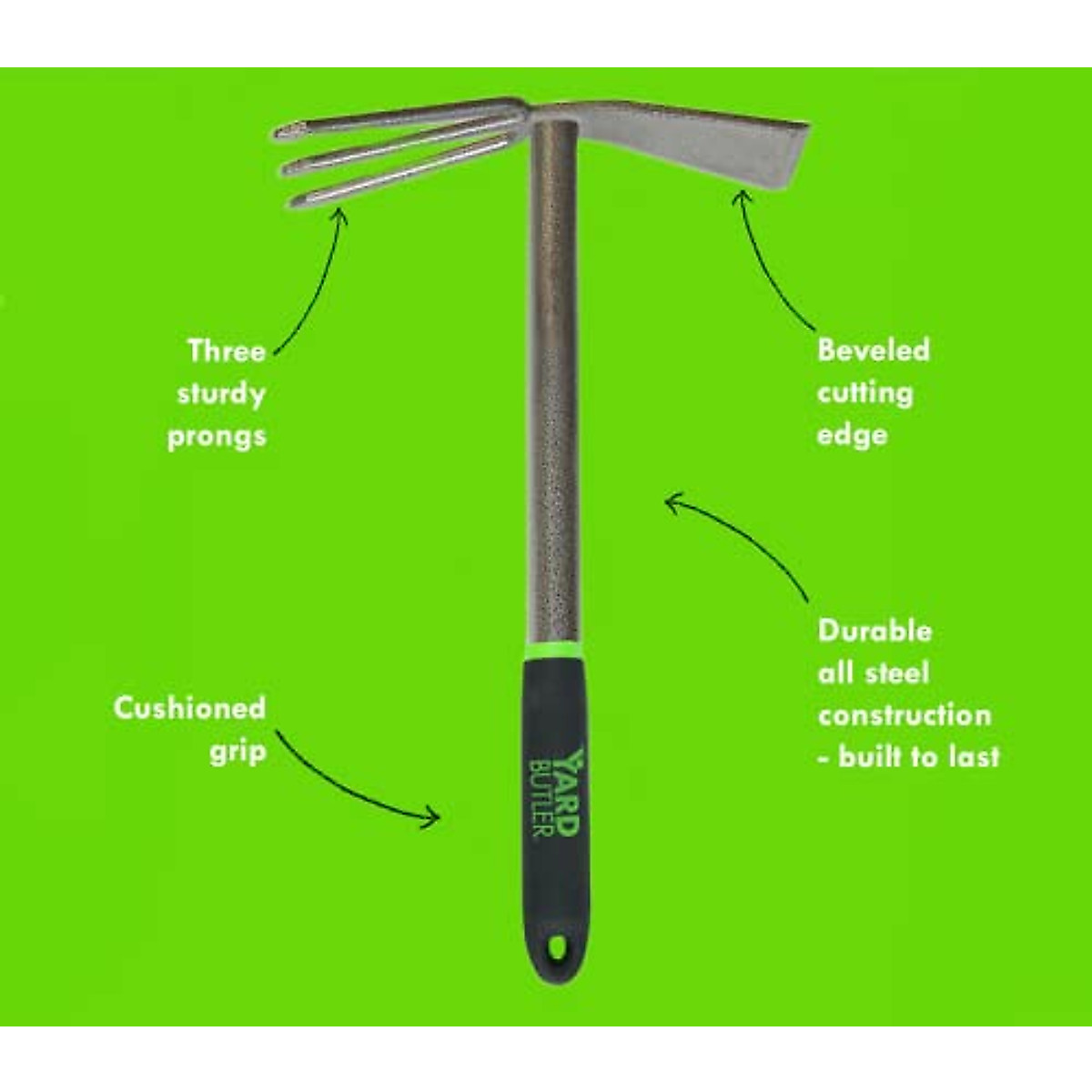 Yard Butler Terra Tiller All Steel 15” Tilling Weeding Loosening Cultivating Digging and Chopping Garden Hand Tool Three Thick Prongs And Heavy Duty Chopping Blade With Welded Handle – TT-4T