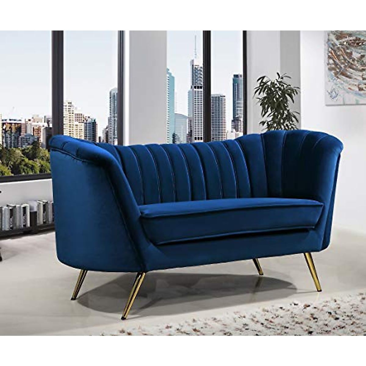 Meridian Furniture Margo Collection Modern | Contemporary Velvet Upholstered Loveseat with Deep Channel Tufting and Rich Gold Stainless Steel Legs, Navy, 65" W x 30" D x 33" H