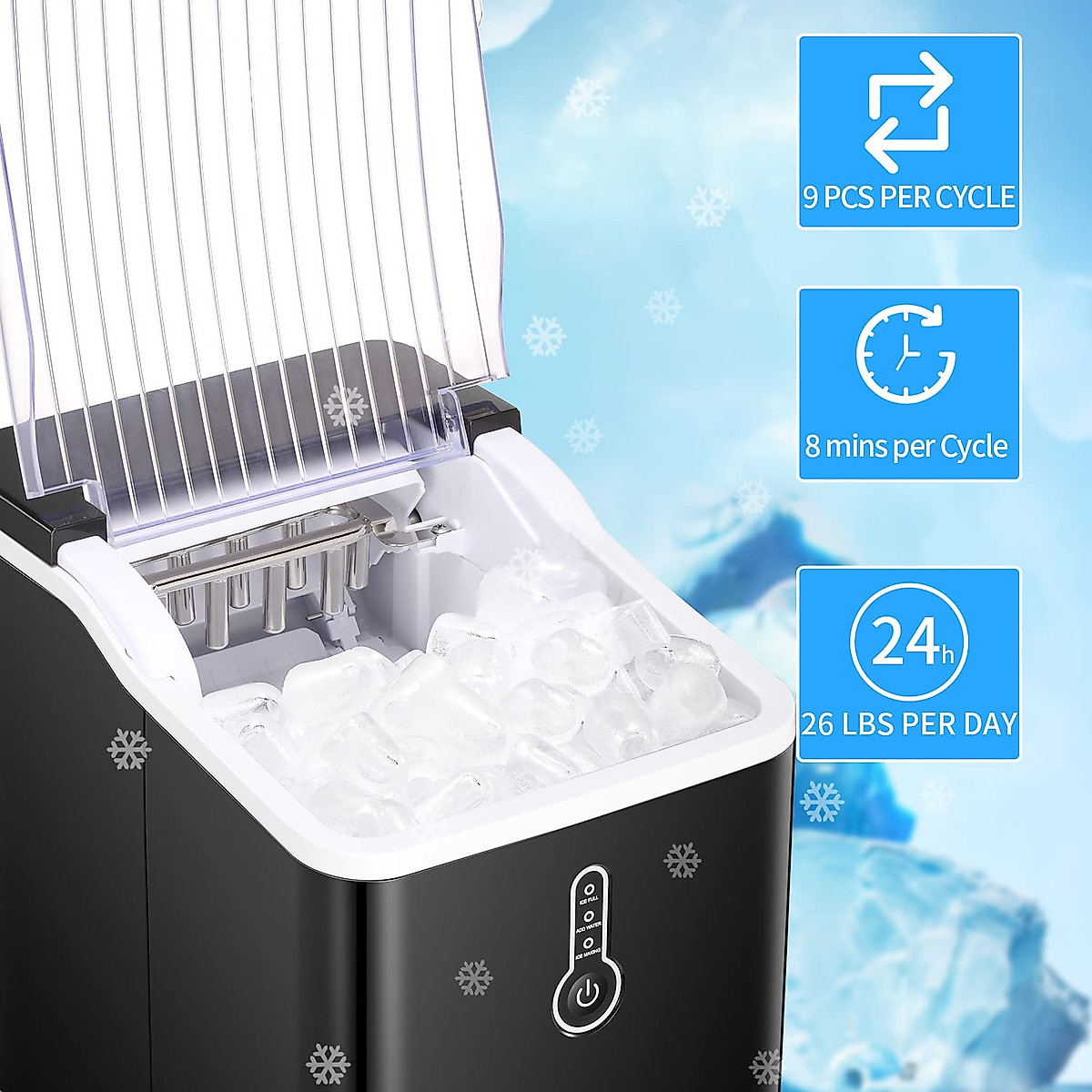 Kismile Ice Maker, Compact Ice Machine, 9 Bullet Ice Cubes Ready in 8 Mins, 26lbs in 24Hrs, Countertop Ice Maker with Ice Scoop & Basket for Home Bar, Office, Kitchen