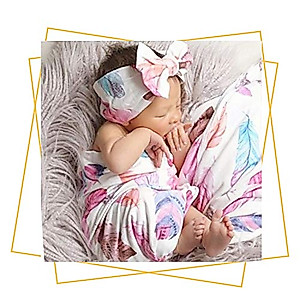 Newborn Receiving Blanket Headband Set - Unisex Soft Baby Swaddle Girl Boy Gifts (Feather+Sloth)