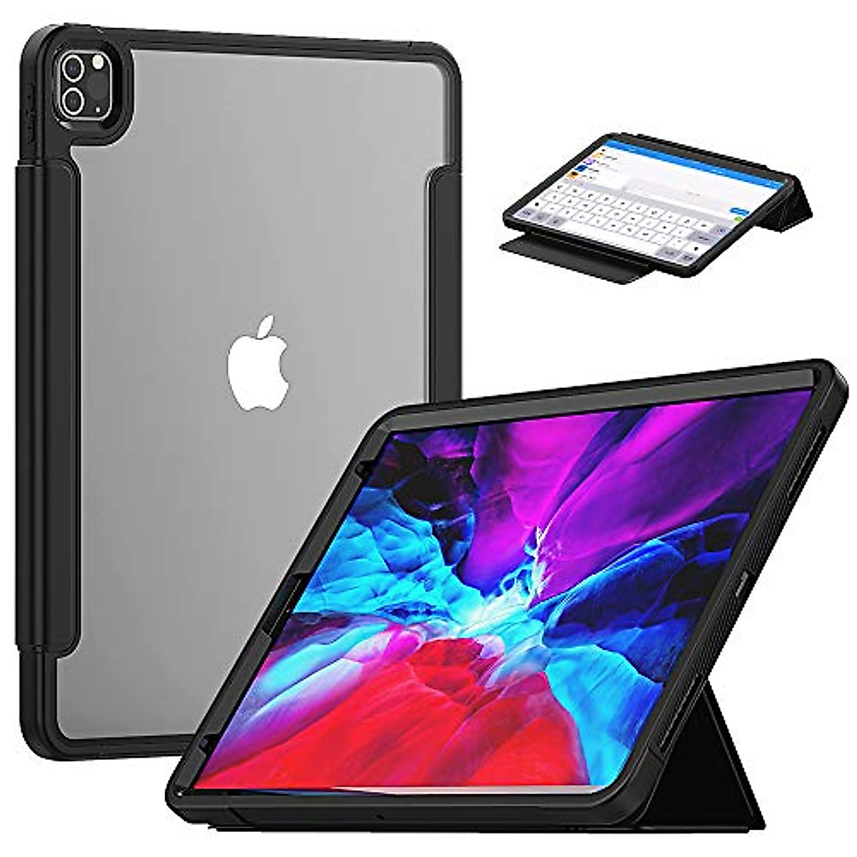 OKUT Smart Case for iPad Pro 12.9" 2020 & 2018,Heavy Duty Protective Cover with Pencil Holder/Tri-Fold Stand/Auto Sleep-Wake/Protector -Black……