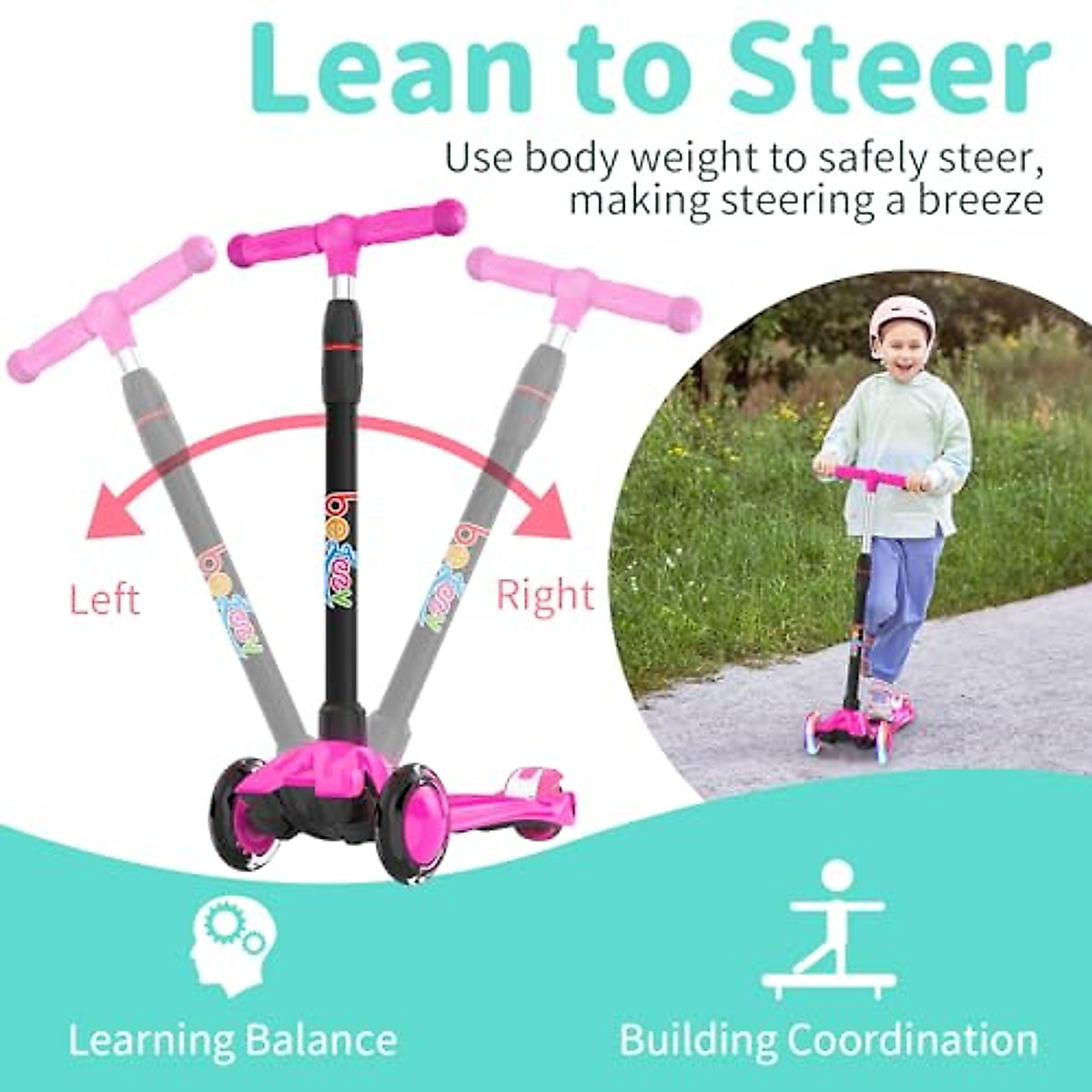 BELEEV Scooters for Kids 3 Wheel Kick Scooter for Toddlers Girls Boys, 4 Adjustable Height, Lean to Steer, Light up Wheels, Extra-Wide Board for Children Ages 3-12 (Black Pink)