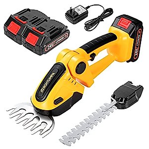 SCHTUMPA 24V 1260-RPM Cordless Grass Shears, 2-in-1 Mini Hedge Trimmer Cordless, Handheld Grass Trimmer Cordless, Electric Bush Trimmer Cordless, 2 Batteries and Charger Included,Yellow