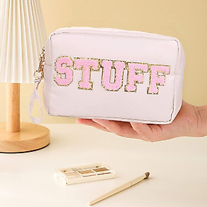 oaesc Nylon Cosmetic Bag Chenille Letter Patches Waterproof Travel Pouch Snack Makeup with Wrist Strap for Women (Beige-STUFF)