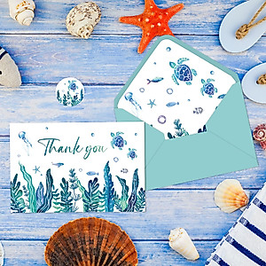 JarThenaAMCS 24 Set Under the Sea Thank You Cards with Envelopes and Stickers Blue Seaweed Sea Turtles Fish Greeting Cards for Birthday Wedding Baby Shower, 4 x 6 Inch