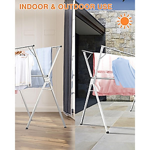 Clothes Drying Rack 63 Inches, Folding Laundry Drying Rack Clothing, Foldable Garment Hanging Drying Rack for Indoor Outdoor, Heavy Duty Collapsible Laundry Hanger Dryer Rack with 20 Windproof Hooks