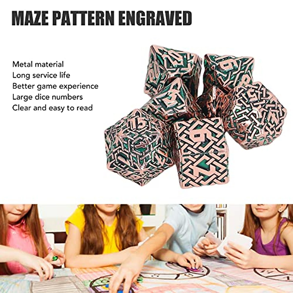 DAUERHAFT Tabletop Dice Set, Exquisite Board Game Polyhedral Dice Game Props Portable Large Number 7pcs for Party for Adults(Green)