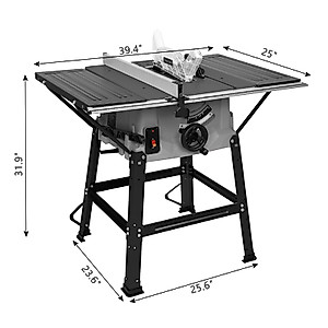 TUFFIOM 10inch Table Saw w/Port for Connecting Dust Collector, Portable Benchtop Table Saw w/ 60T Blade, Stand & Push Stick, 5000RPM, Adjustable Blade Height, 90°Cross Cut & 0-45°Bevel Cut, Gray