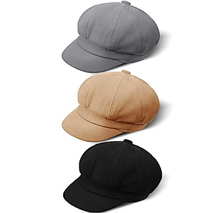 3 Pieces Newsboy Cap Adjustable Visor Beret Soft 8 Panel Vintage Cabbie Hat Octagonal Cap (Light Grey, Camel, Black)