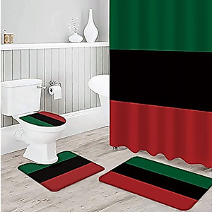Shower Curtain Set with Bathroom Rugs and Mats Independence Day USA Flag Black Red Green Stripe Bathroom Rugs Set 4 Piece, Non-Slip Rugs,Toilet Lid Cover Bath Mat, Waterproof Shower Curtain for Tub