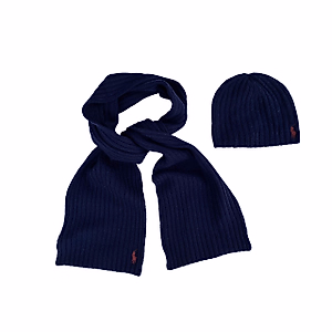 Polo Ralph Lauren Men's 2 Piece Set Hat & Scarf Navy Lambswool Blend