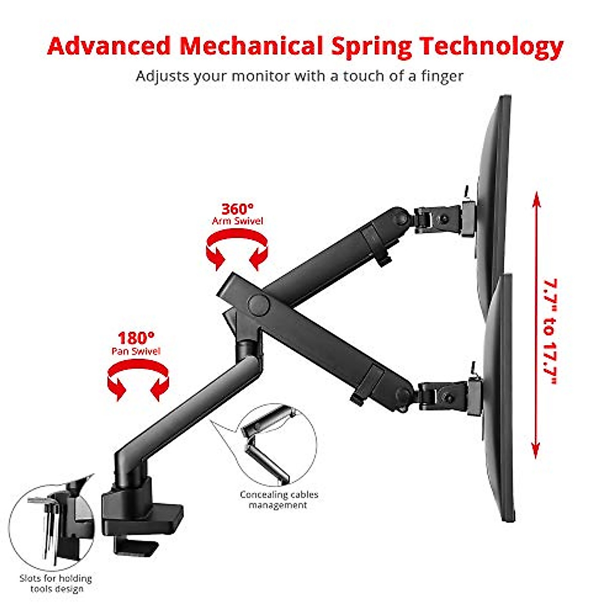 SIIG Aluminum Mechanical Dual Monitor Arm Mount - Height Adjustable Desk Mount for 17in to 32in Screens - 17.6lbs Each Arm - VESA 75x75mm 100x100mm, Black