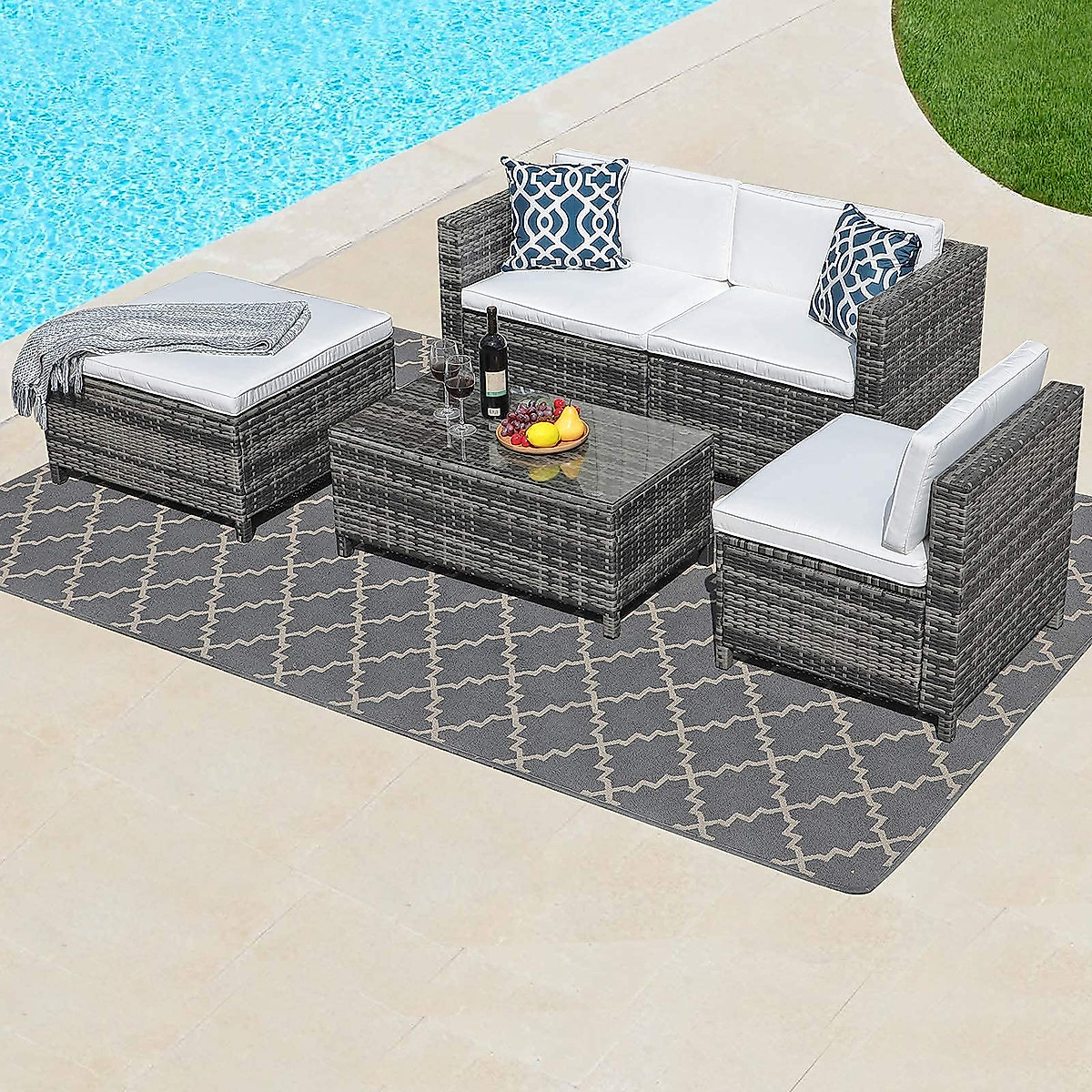 JOIVI Patio Furniture Sets, 5 Pieces All-Weather Outdoor Sectional Sofa Grey Wicker Rattan Patio Conversation Set with Ottoman, Washable White Cushions and 2 Blue Pillows