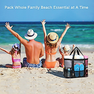 F-color Mesh Beach Bag Family - Beach Tote 9 Pockets Beach Towel Bag, Black