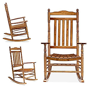 VINGLI Wood Rocking Chair Outdoor with 250 lbs Support Relaxing Rocker Solid Wood High Back Seat Reclining Seat for Deck, Garden, Backyard, Porch, Indoor or Outdoor Use, Oak