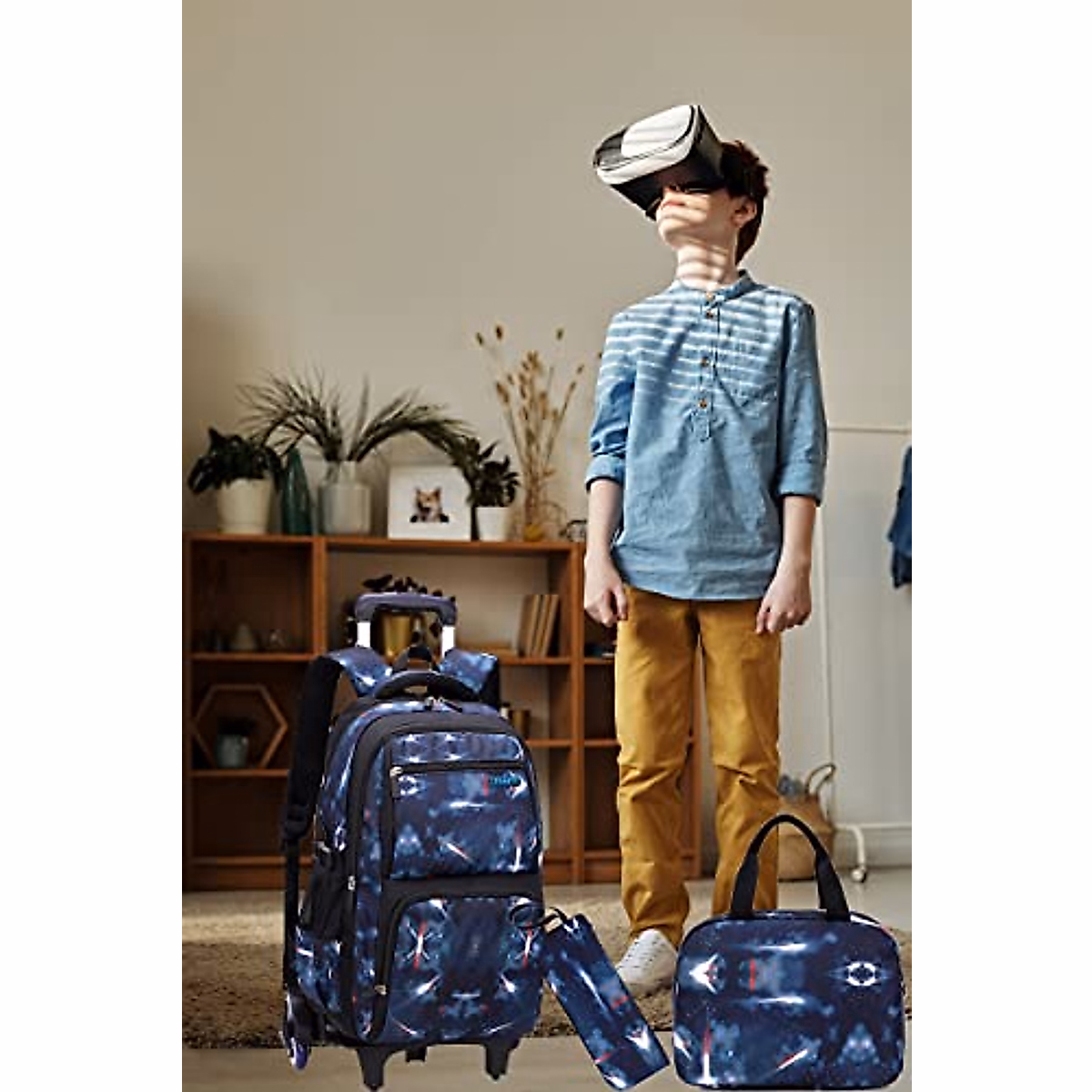 Egchescebo 18" School Kids Rolling Backpack for Adults With Wheels Trolley Wheeled Backpacks for Boys Students Travel Bags Adults With Lunch Box Pencil bag 3PCS Navy Blue