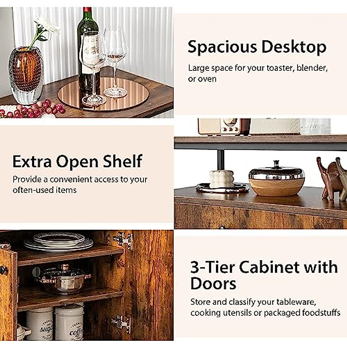 GLOBALWAY Industrial Buffet Storage Cabinet, Coffee Bar Cabinet with 1 Open Shelf, 2 Doors & 3 Interior Shelves, Freestanding Floor Cabinet for Kitchen, Dining Room, Cafe, Rustic Brown