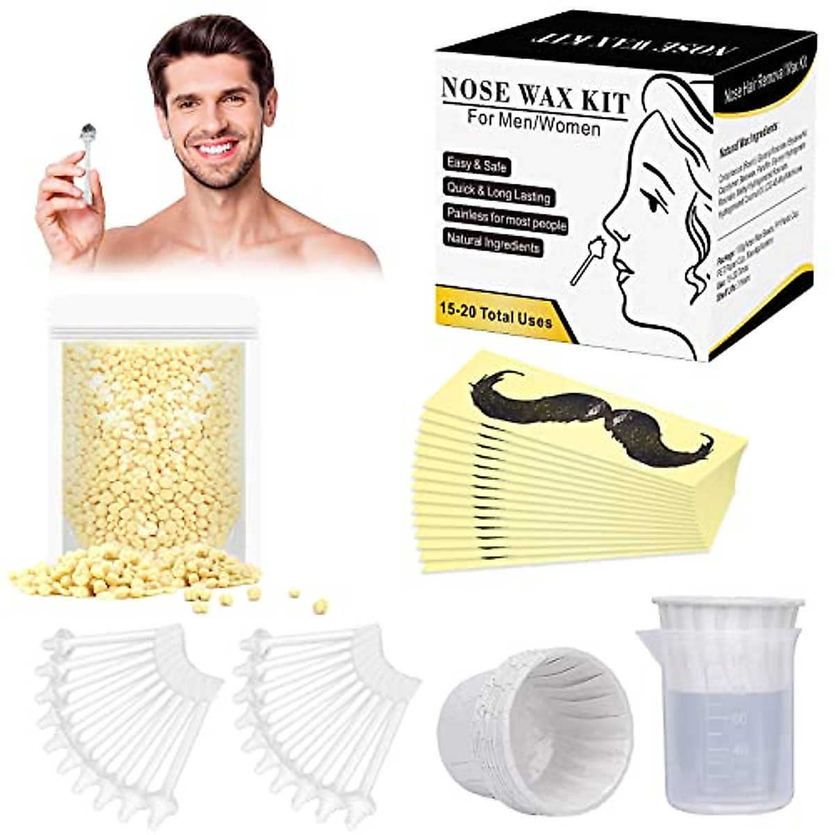 Nose Wax Kit for Men Women, Yovanpur Nose Hair Waxing Kit with 100g Nose Hair Wax Beads (15-20 USES), 20 Applicator, 15 Mustache Protector, 10 Paper Cups, 1 Measuring Cup - Easy, Quick and Painless
