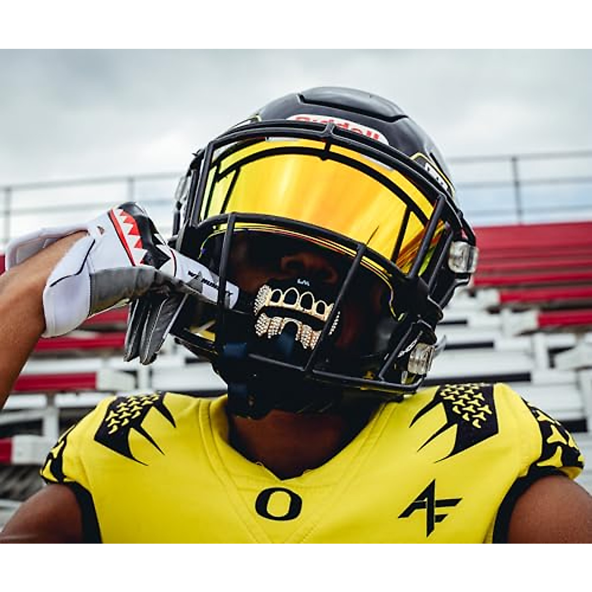 Loudmouth Football Mouth Guard - 3D Chrome Grillz Football Mouthpiece, Fits Adult & Youth, Mouth Guard Football Accessories (3D Grillz Bling - Chrome Black/Gold)