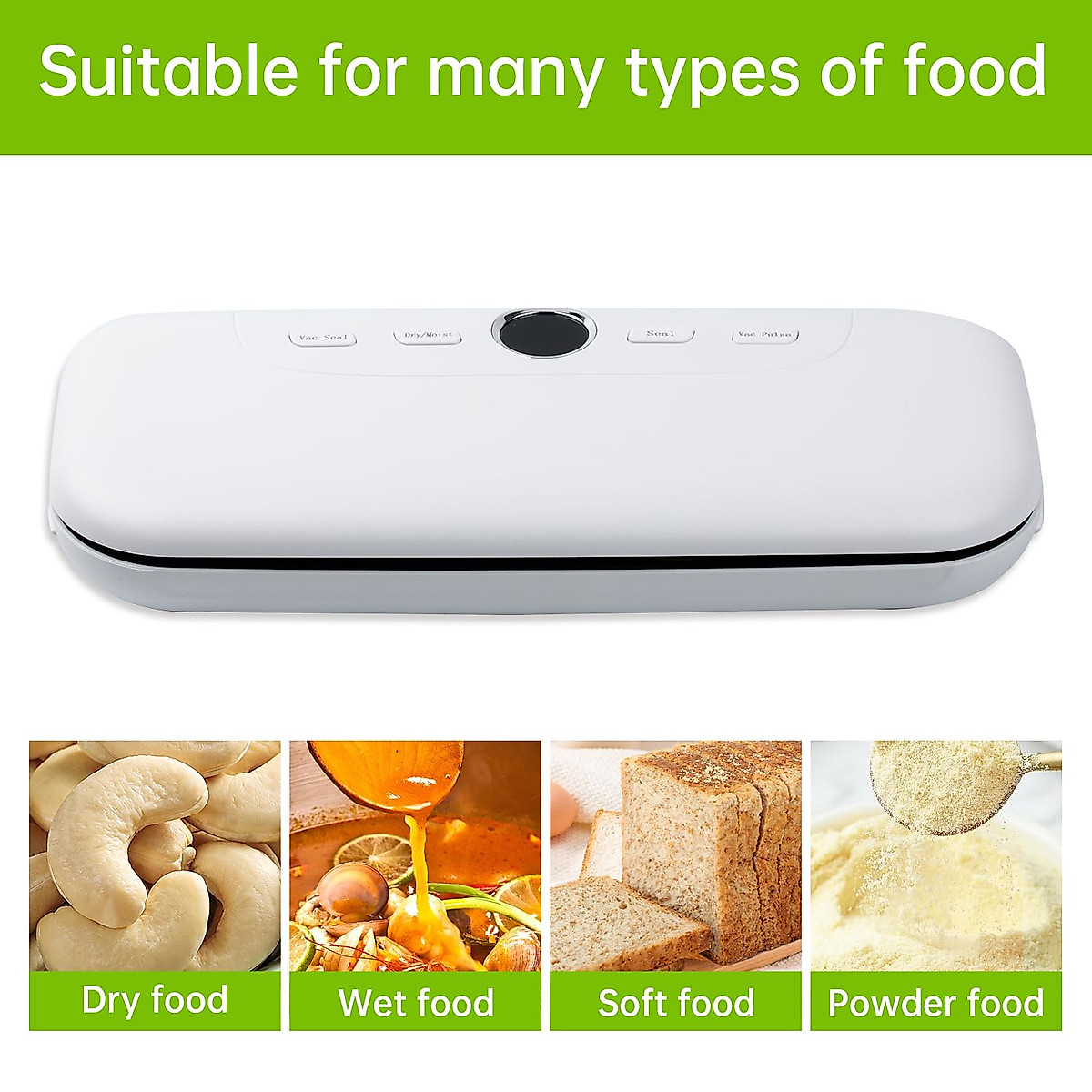 FDLQEOR Food Vacuum Sealer Machine, 80kPa Strong Suction, One-Touch Automatic Operation, 10 Vacuum Seal Bags, Dry & Moist Food Modes with Led Indicator Lights, Compact Design,White