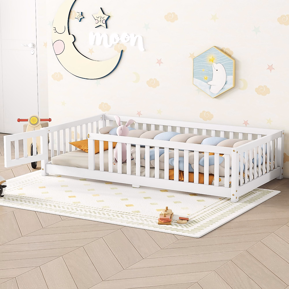 CITYLIGHT Twin Size Floor Bed with Rails, Wood Montessori Floor Bed Twin with Support Slats, Kids Twin Bed Frame with Door Design for Boys,Girls, White