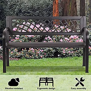 Dkeli Patio Bench Outdoor Bench Park Bench Metal Sturdy Cast Iron Garden Bench Porch Chair Seat Furniture with Armrests 480BLS Bearing Capacity for Park Yard Deck Entryway, Black