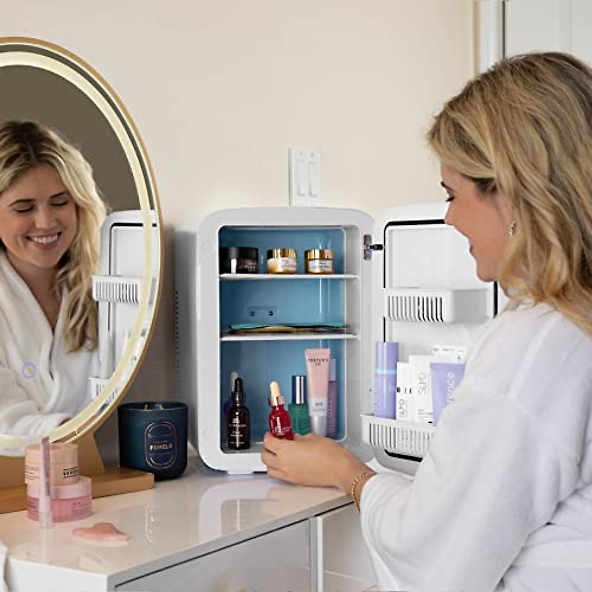 Cooluli 15L Mini Fridge for Bedroom - Car, Office Desk & College Dorm Room - 12v Portable Cooler & Warmer for Food, Drinks, Skincare, Beauty & Makeup - AC/DC Small Refrigerator with Glass Front, Blue