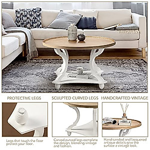 Wnutrees Farmhouse Round Coffee Table,Wood Tray Top Circle Coffee Table with Storage Shelf Rustic Style for Living Room and Vintage Finish,White
