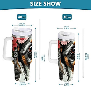 Adorable Dog with Flower Garland Soft Tumbler With Handle And Straw 30-40oz Insulated Tumbler Cups With Lid Stainless Steel for Cold Water and Drinks for School Work Sports Car Travel and Weekends