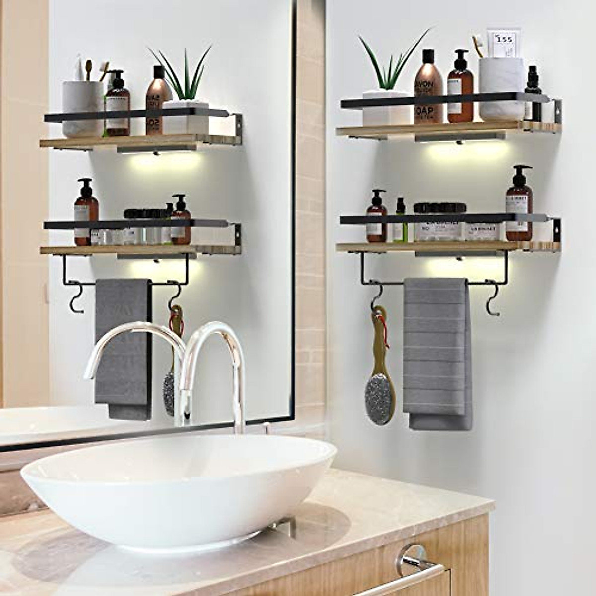 EAVA Floating Shelves, Lighted Wall Mounted Shelves,Paulownia Wood Wall Storage Shelves for Bathroom, Kitchen and Bedroom,Set of 2 with Removable Towel Holder and Hooks.