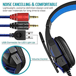 Gaming Headset with Mic and LED Light for Laptop Computer, Cellphone, PS4 and so on, DLAND 3.5mm Wired Noise Isolation Gaming Headphones - Volume Control.(Black and Blue)