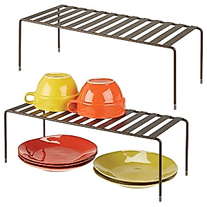 mDesign Modern Metal Storage Shelf Rack - 2 Tier Raised Food and Kitchen Organizer for Cabinets, Pantry Shelves, Countertops Dishes, Plates, Bowls, Mugs, Glasses - 2 Pack - Bronze