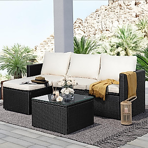 SUNLEI Patio Furniture Set with Detachable Soft Cushions, All Weather Outdoor PE Rattan Patio Conversation Sofa Set, 3-Piece Patio Sectional Sofa with Glass Coffee Table & Ottoman, Black Rattan/White