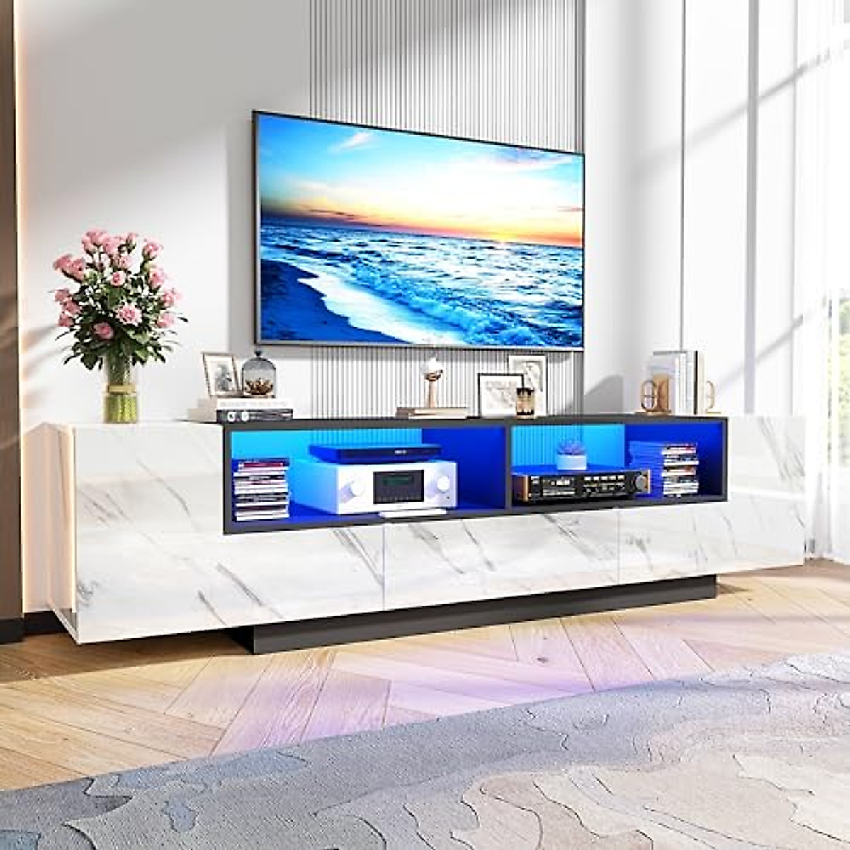 Uspeedy 70in White TV Stand for 75/80 inch TV,Modern LED TV Stand,High Gloss Entertainment Center with Large Storage Drawer,APP RGB Light,TV Console,Television Stands for Living Room(Marbling)