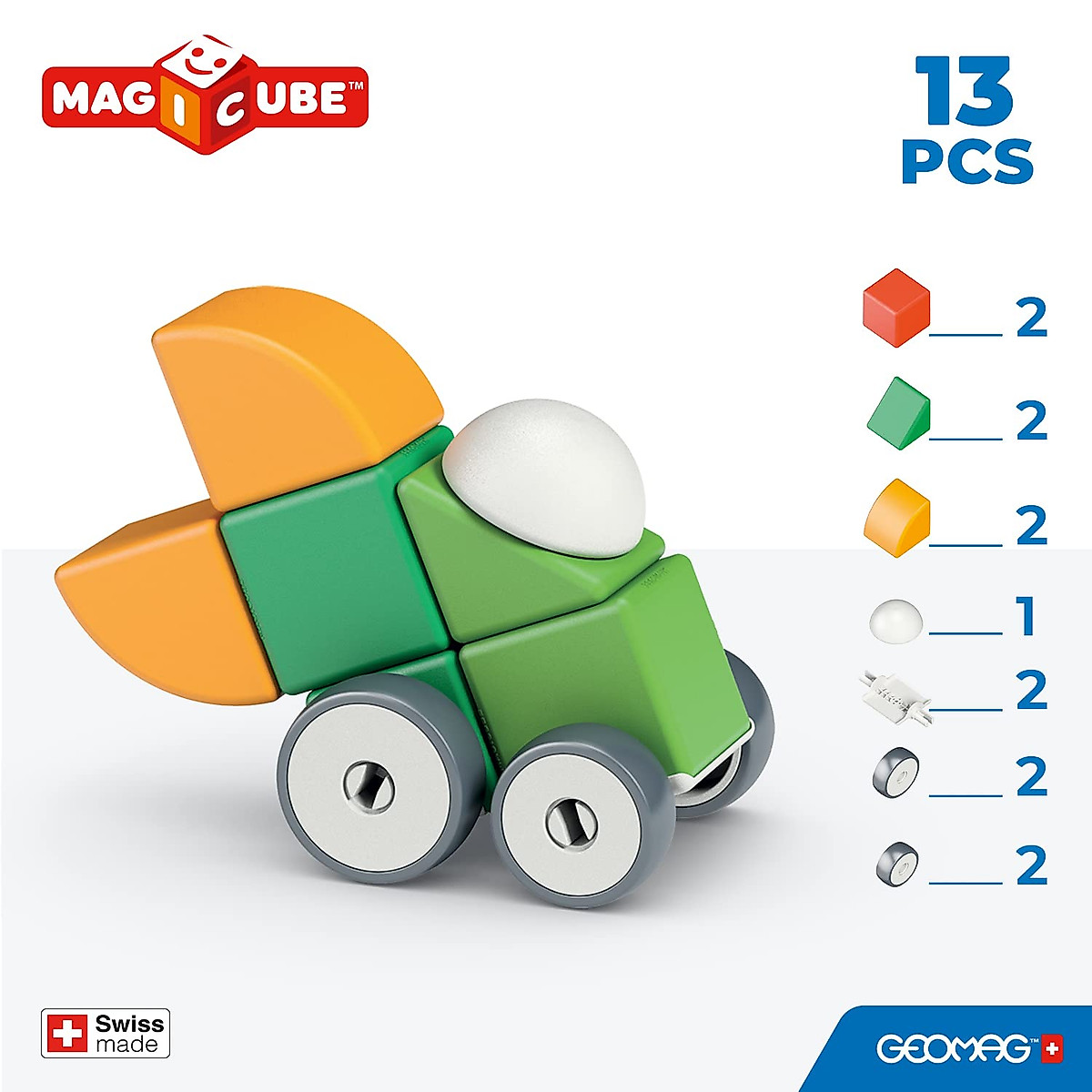 Geomag Swiss-Made MagiCube 13-Piece Magnetic Shapes & Wheels Building Set, Cars & Characters, Stacking Blocks for Toddlers & Kids Ages 1-5, STEM Educational Toy, Creativity, Imagination, Learning