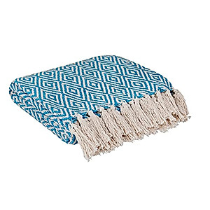 100% Cotton Throw Blanket 50x60 - Turquoise Throw Blanket with Fringe - Soft Lightweight Bed Throw for Couch, Chair - Cozy Farmhouse Throw Blanket - Decorative Throw Blanket - Home Living Room Decor