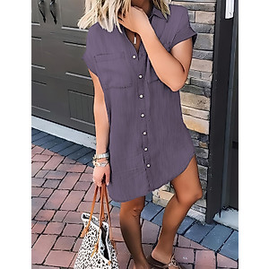 Zilcremo Women Denim Shirt Dresses Short Sleeve Distressed Jean Dress Button Down Casual Tunic Tops Purple XL