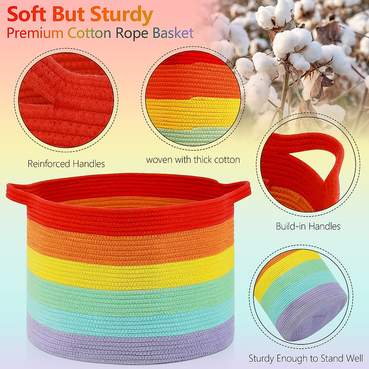 Autonomier 20" x 14" Rainbow Extra Large Tall Cotton Rope Woven Storage Baskets,Throw Blanket Storage Basket for Living Room,Home Decorative Storage Baskets,Cute Boho Nursery Hamper Laundry Basket