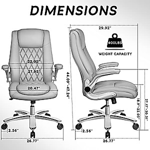 Modoway O205 Executive Office Chair Grey, Big and Tall Office Chair Heavy Duty 400lbs, High Back Leather Office Chairs with Flip-Up Arms and Lumbar Support, Living Room, Gaming