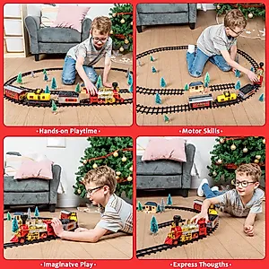 Christmas Train Sets Gift with Lights & Sounds Steam Locomotive Engine, Operated Electric Classical Train Toy with Real Smoke Cargo Cars & Tracks for Over 3 Years Old Boys Girls