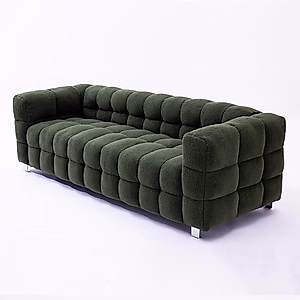 WILLIAMSPACE 80" Chesterfield Sofa, Modern Green Fleece 3 Seat Sofa, Mid-Century Upholstered Sofa Couch with Pillows & Metal Leg for Living Room Bedroom Apartment (Green)
